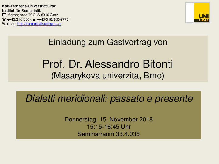 Gastvortrag Prof. Dr. Alessandro Bitonti - Institut für Romanistik